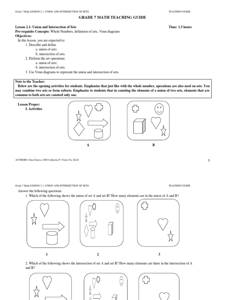 Grade 7 Math Lesson 2.1. Union and Intersection of Sets Teaching Guide ...