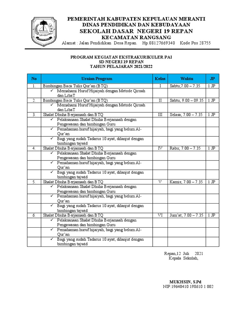 Contoh Program Kegiatan Ekstrakurikuler PAI (Pendidikan Agama Islam) | PDF