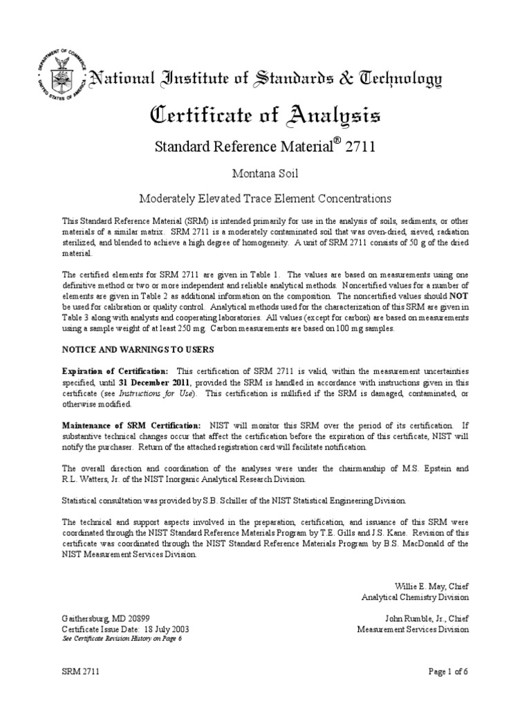 Certificate of Analysis: National Institute of Standards & Technology ...