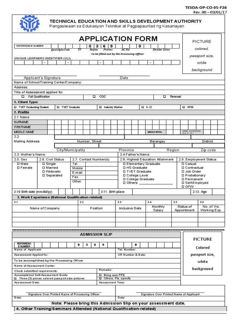 TESDA Application Form for Competency Assessment and Qualification ...
