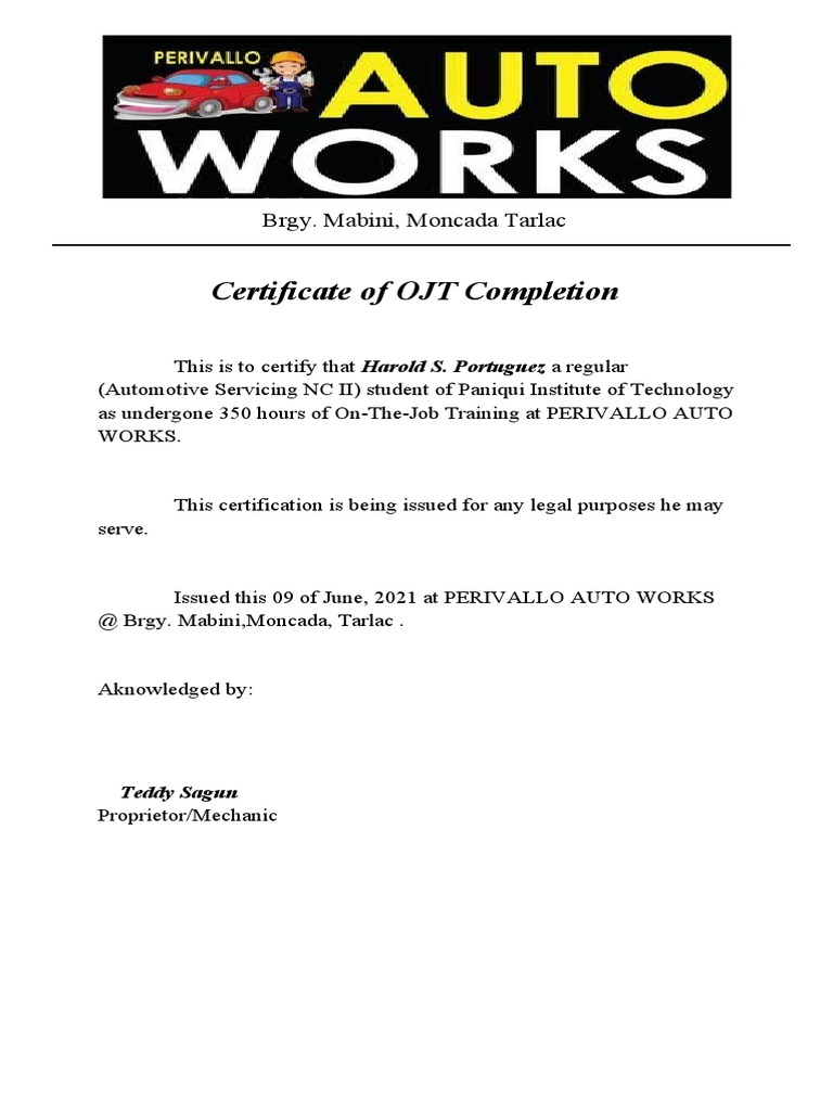 Certificate of OJT Completion: Brgy. Mabini, Moncada Tarlac | PDF ...
