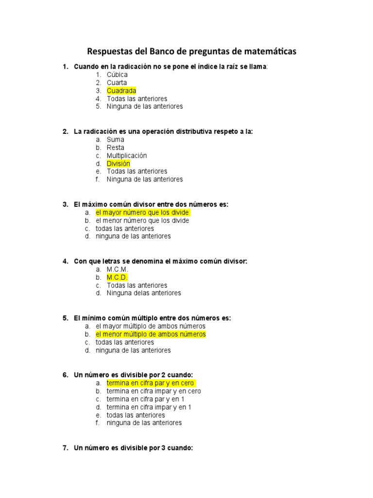Guía de Preguntas de Matemáticas | PDF | Notación Matemática | Números