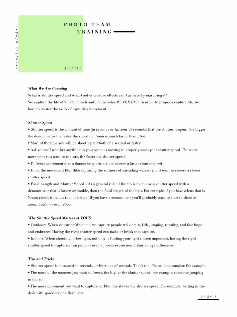 Photo Team Training - Shutter Speed | PDF