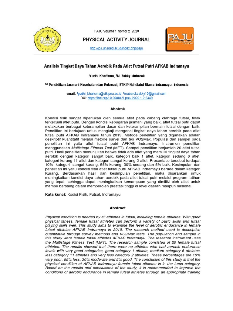Physical Activity Journal: Analisis Tingkat Daya Tahan Aerobik Pada Atlet Futsal Putri AFKAB ...