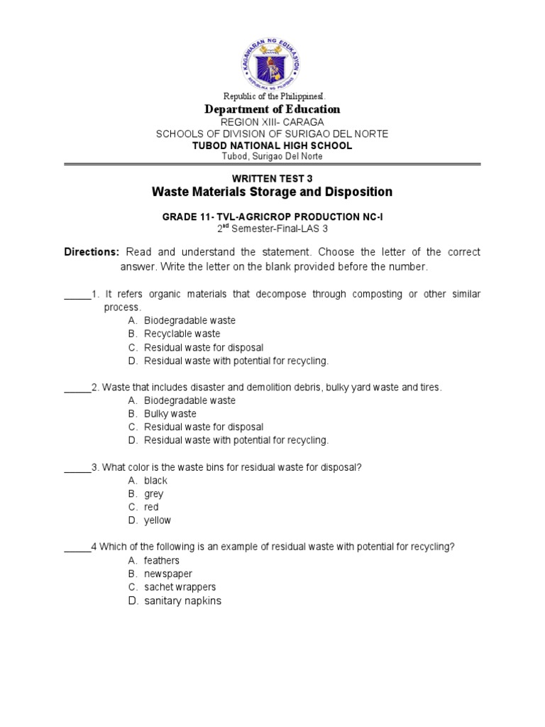 Waste Materials Storage and Disposition Written Test 1 | PDF | Waste ...