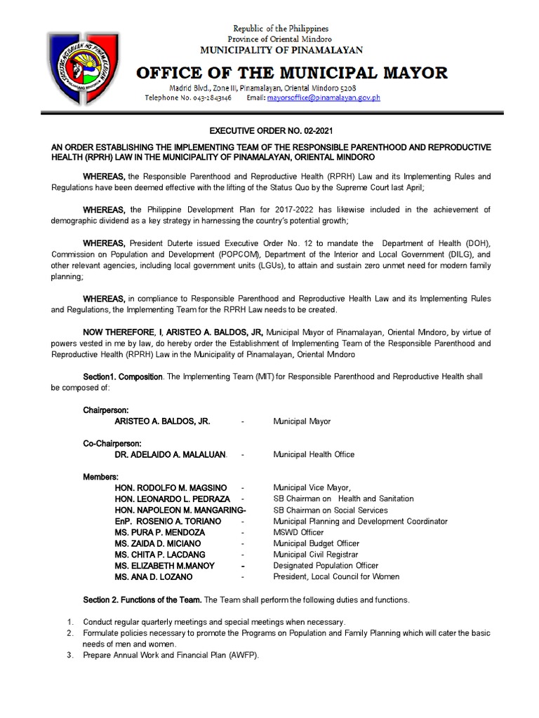 Executive Order No. 02-2021 Implementing Team RPRH Law | PDF | Public ...