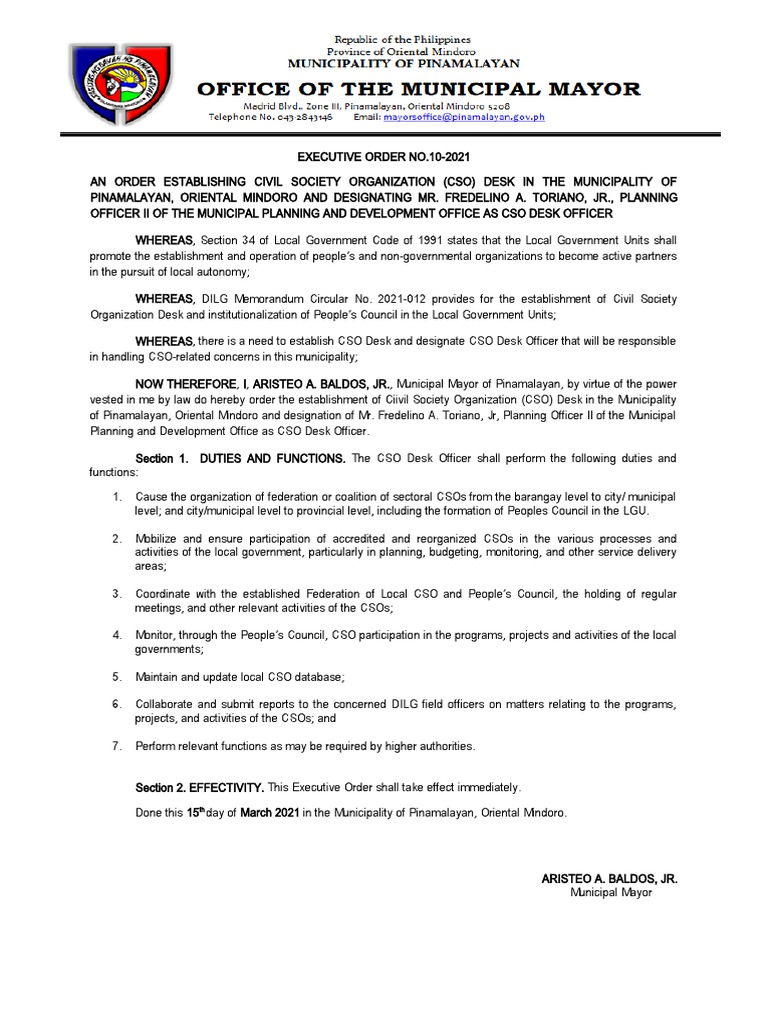 Executive Order No. 10-2021 CSO Desk | PDF | Local Government | Government
