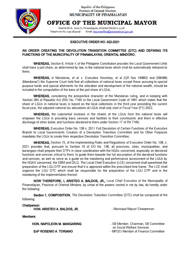 Devolution Transition Committee Order | PDF | Devolution | Executive Order