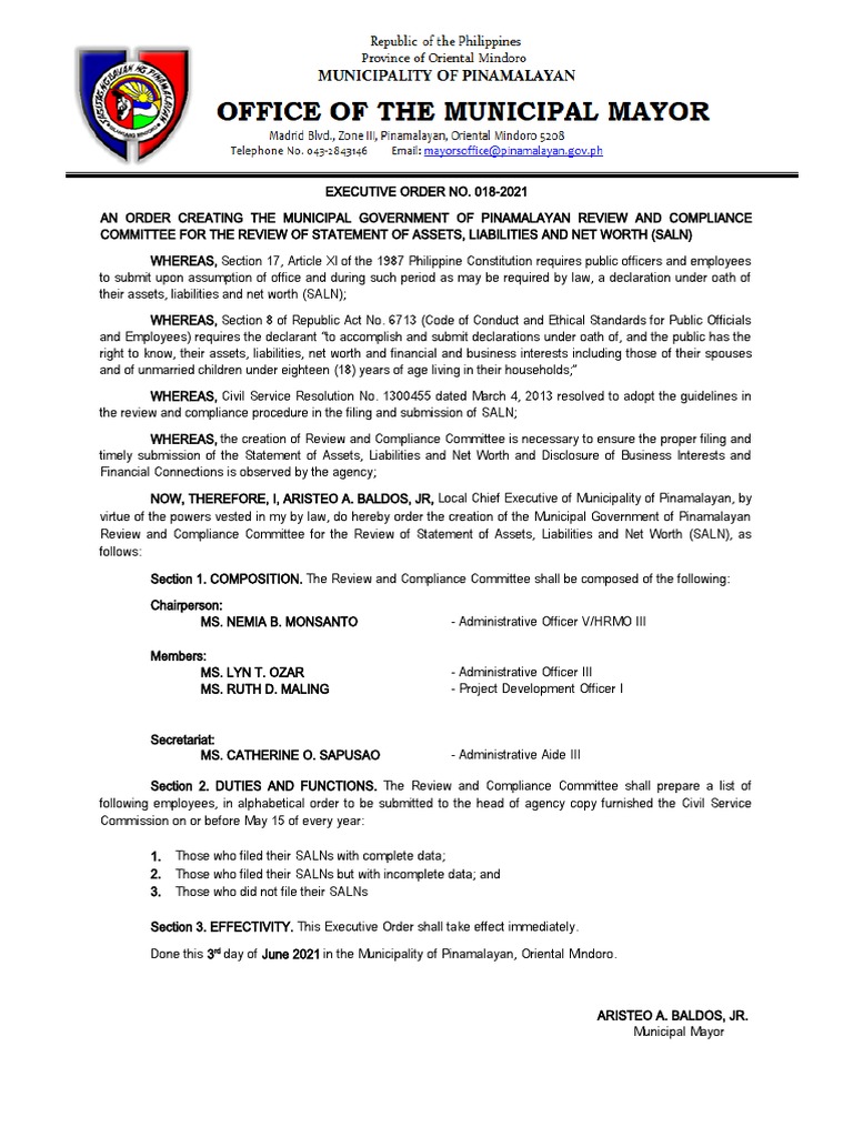 EXECUTIVE ORDER NO. 18-2021 Review and Compliance Committee | Download ...