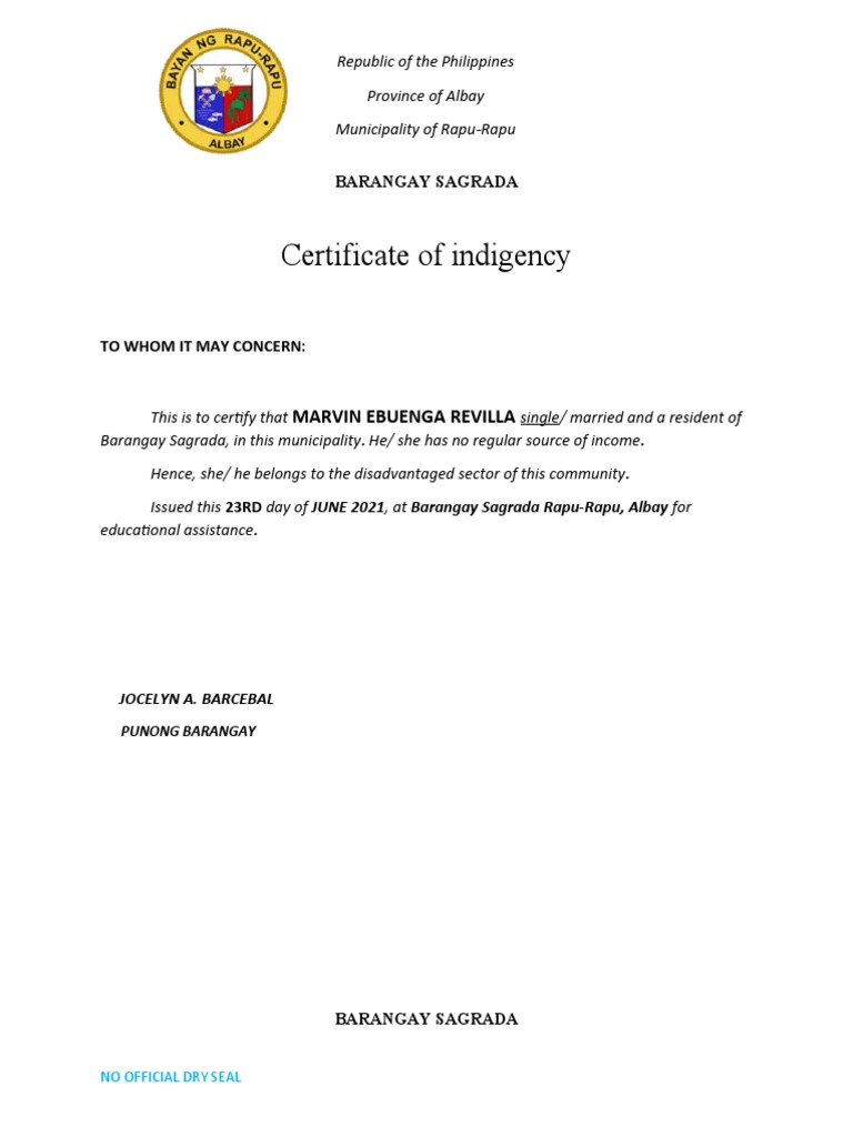 Certificate of Indigency: Barangay Sagrada | PDF | Philippines