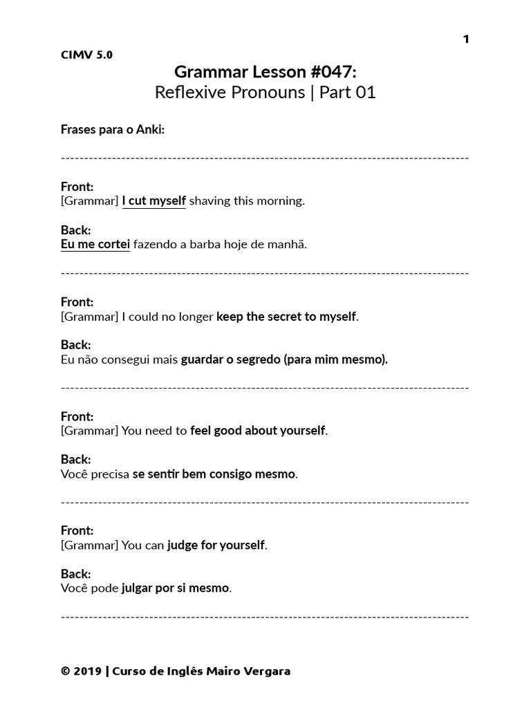 PDF Grammar Lesson 047 Reflexive Pronouns - Part 01 | PDF | Música ...