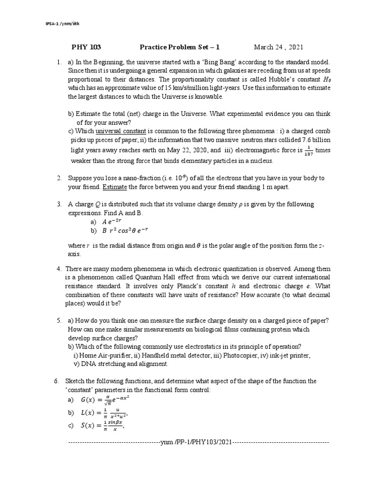 PHY 103 Practice Problem Set - 1: March 24, 2021 | PDF | Electric Charge | Universe