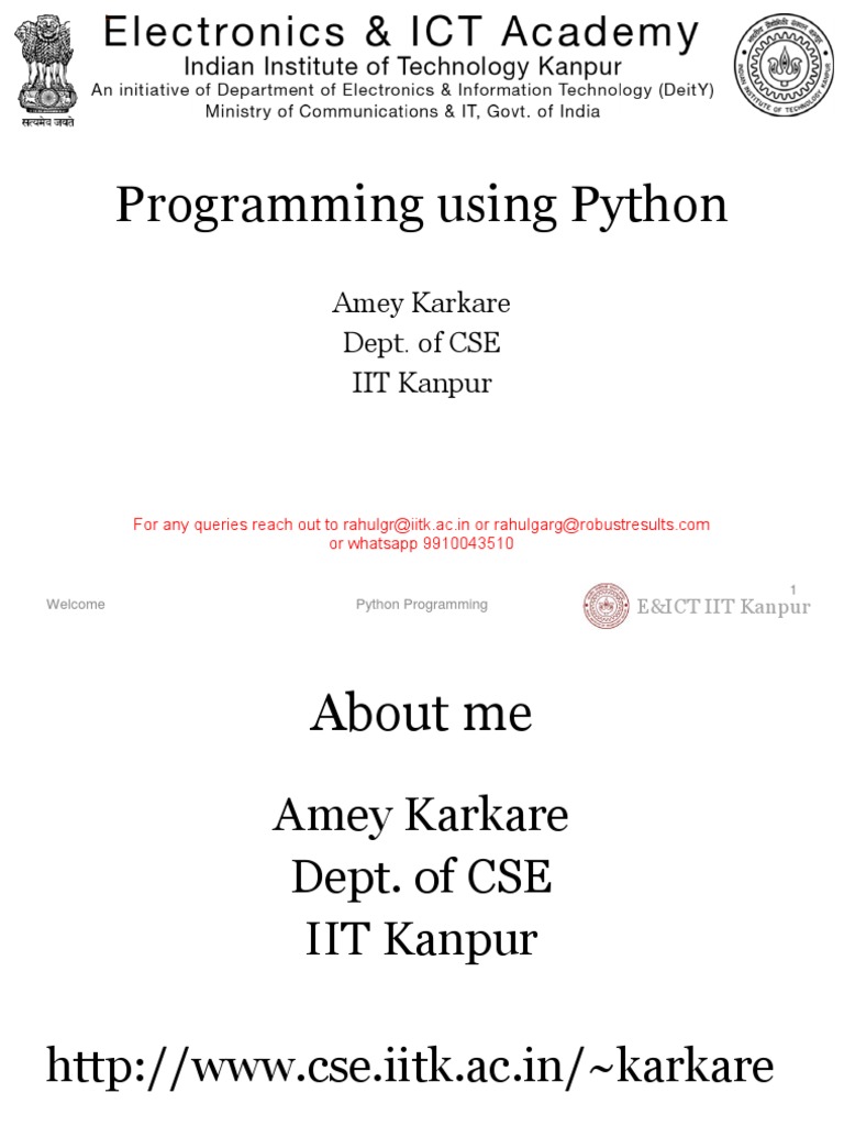 Programming Using Python Amey Karkare Dept Of Cse Iit Kanpur Pdf Computer Programming