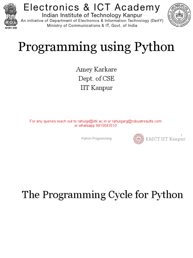 Programming Using Python: Amey Karkare Dept. of CSE IIT Kanpur | PDF | Python (Programming ...