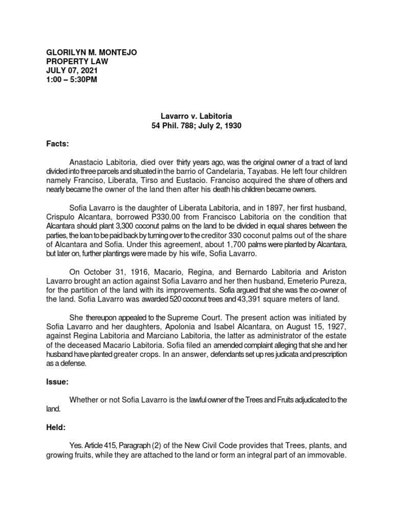 Lavarro vs. Labitoria Digested by Montejo | PDF | Civil Law (Common Law ...