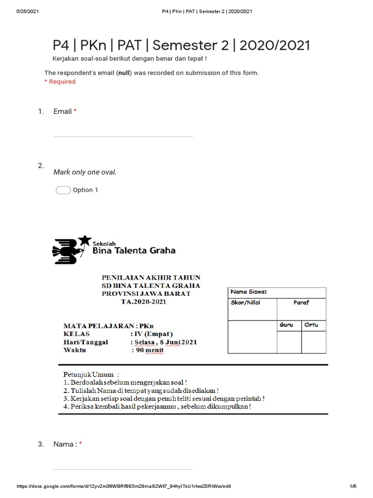 P4 - PKN - PAT - Semester 2 - 2020 - 2021 - Google Forms | PDF