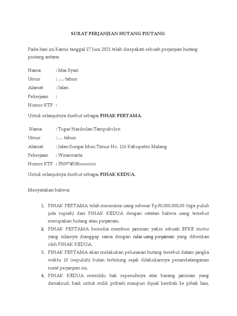 Surat Perjanjian Hutang Piutang Simpel | PDF