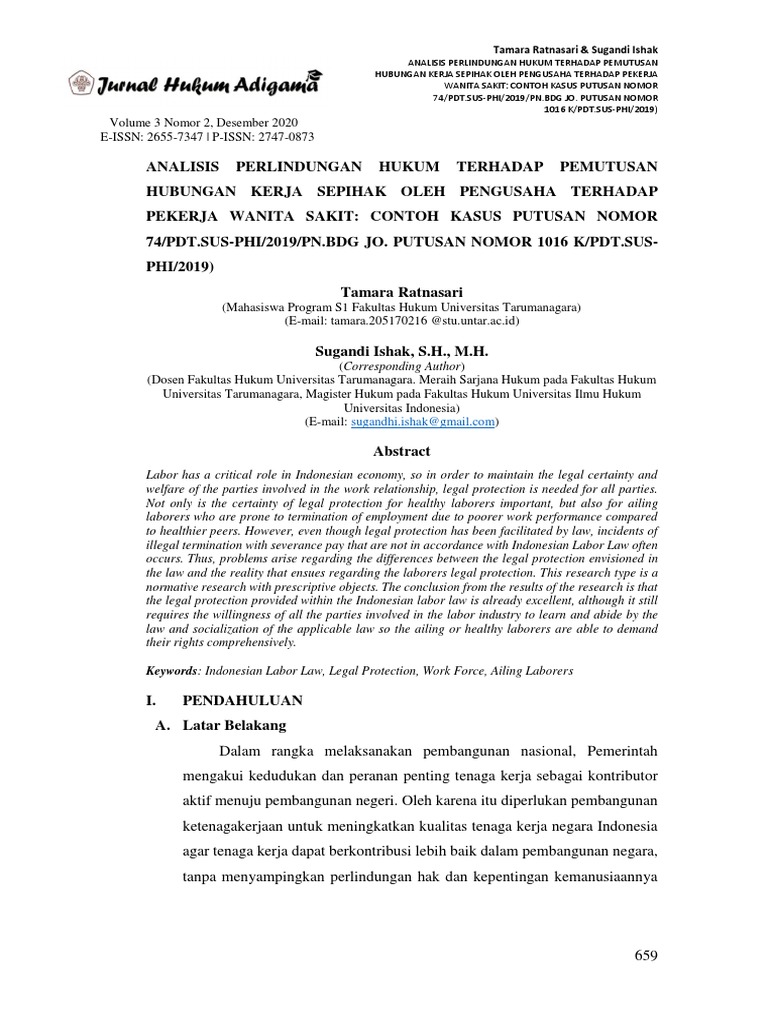 Keywords: Indonesian Labor Law, Legal Protection, Work Force, Ailing Laborers | PDF | Indonesia