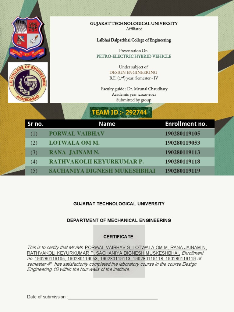 TEAM ID:-292744: SR No. Name Enrollment No | PDF | Hybrid Vehicle ...