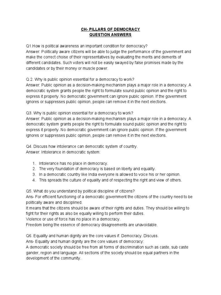 Ch-Pillars of Democracy Question Answers | PDF | Political Ideologies ...