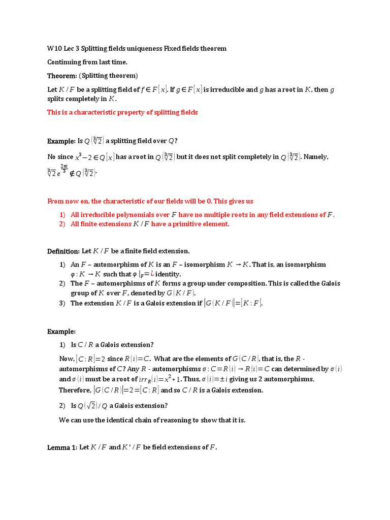 W10 Lec 3 Splitting Fields Uniqueness Fixed Fields Theorem Pdf Field Mathematics Mathematics