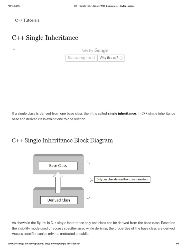 C++ Single Inheritance (With Examples) - Trytoprogram | PDF | C++ ...
