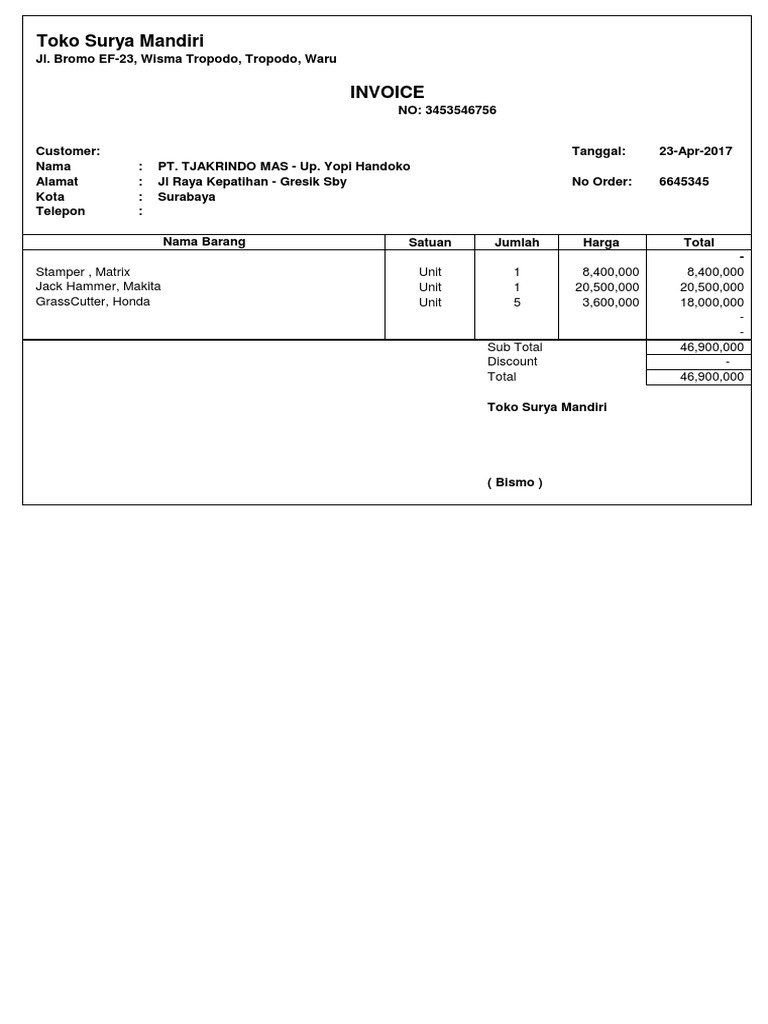 Contoh Invoice Dengan Excel | PDF