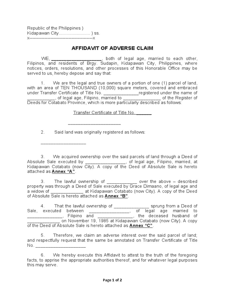 Aff of Adverse Claim | PDF | Affidavit | Deed