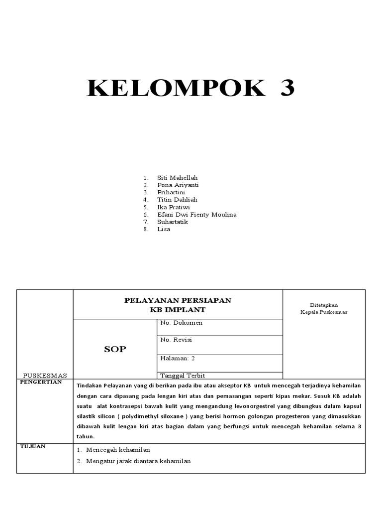 Kelompok 3 (SOP Persiapan Pelayanan Kebidanan Kontrasepsi Implant) | PDF