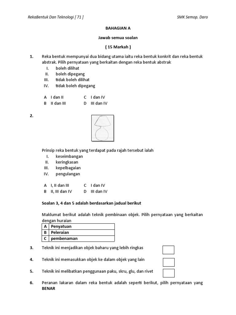 Bahagian A Jawab Semua Soalan (15 Markah) 1.: Rekabentuk Dan Teknologi ...