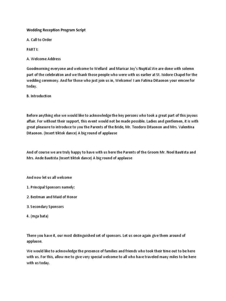 Wedding Reception Program Script | PDF | Wedding | Bride