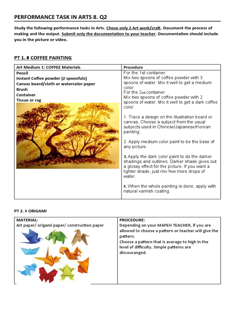 Performance Task in Arts 8. Q2: PT 1. # Coffee Painting | PDF ...