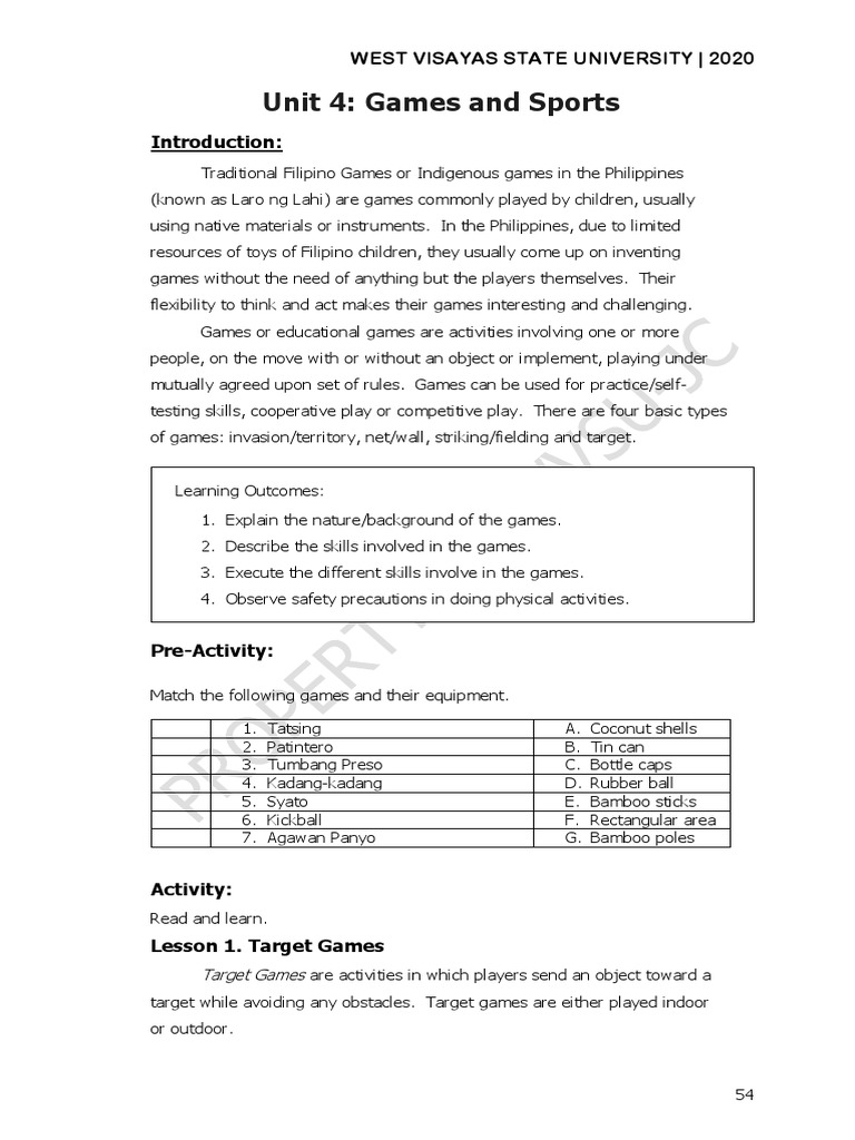 Unit 4: Games and Sports: West Visayas State University - 2020 ...