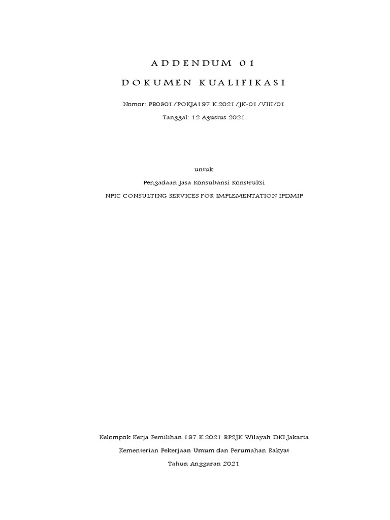 Addendum 01 - Dokumen Kualifikasi NPIC Implementation IPDMIP | PDF