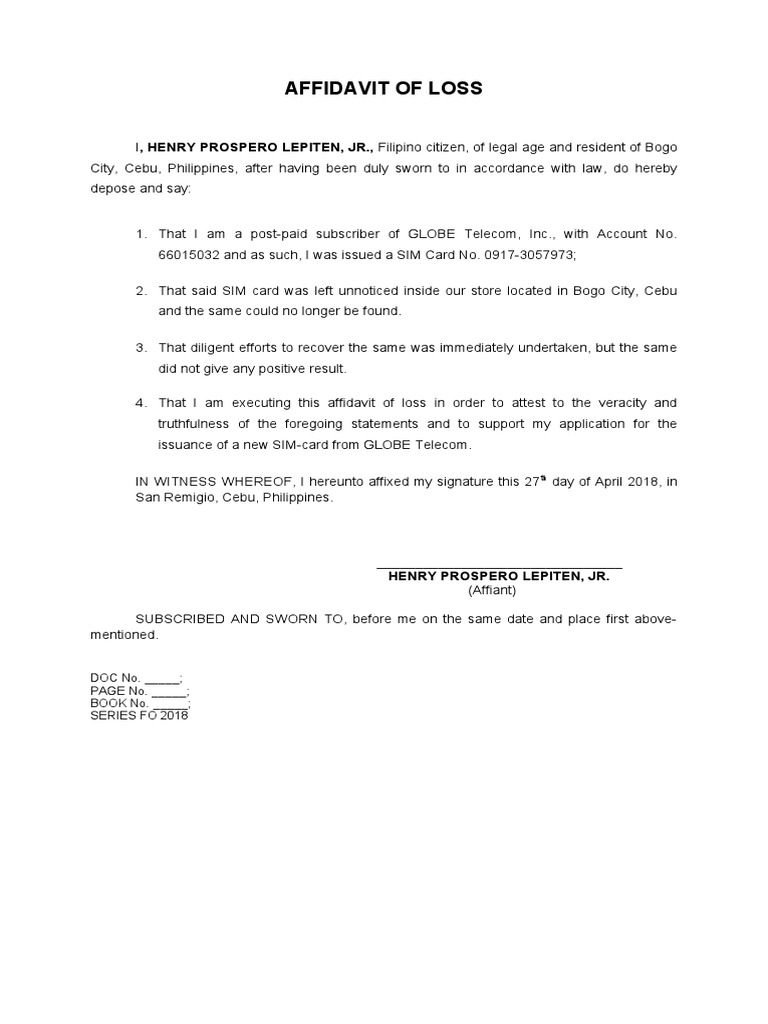 Lost Connection: Affidavit Detailing the Loss of a Mobile SIM Card and ...