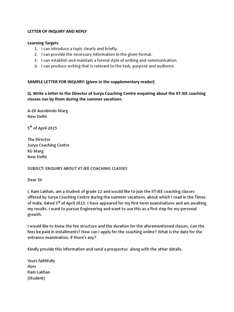 Letter of Inquiry and Reply | PDF | Career & Growth | Business