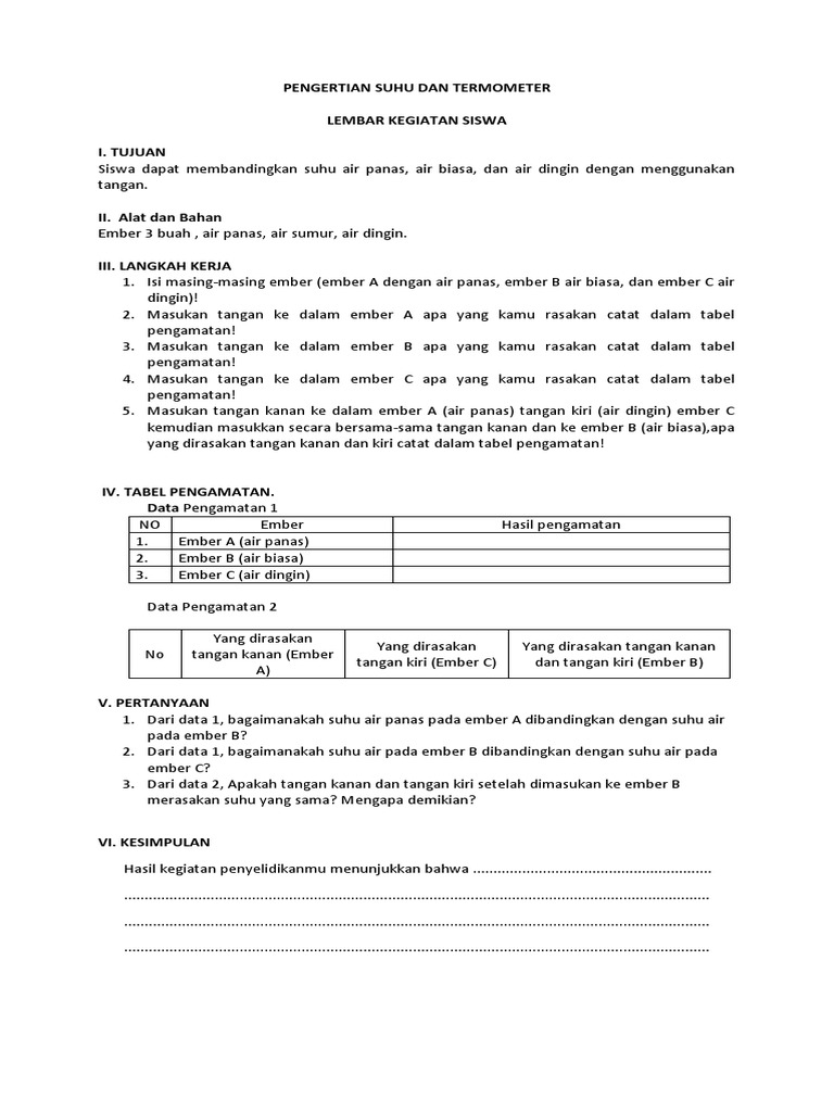 LKS Pengertian Suhu Dan Termometer | PDF