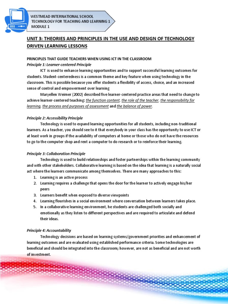Unit 3: Theories and Principles in The Use and Design of Technology Driven Learning Lessons ...