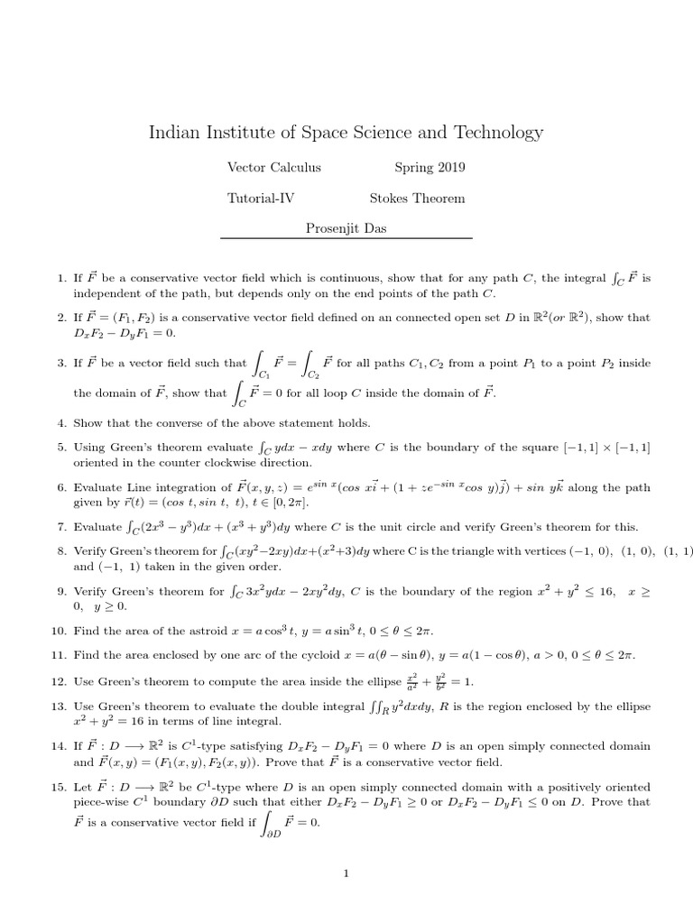 Indian Institute of Space Science and Technology: Vector Calculus Spring 2019 Tutorial-IV Stokes ...