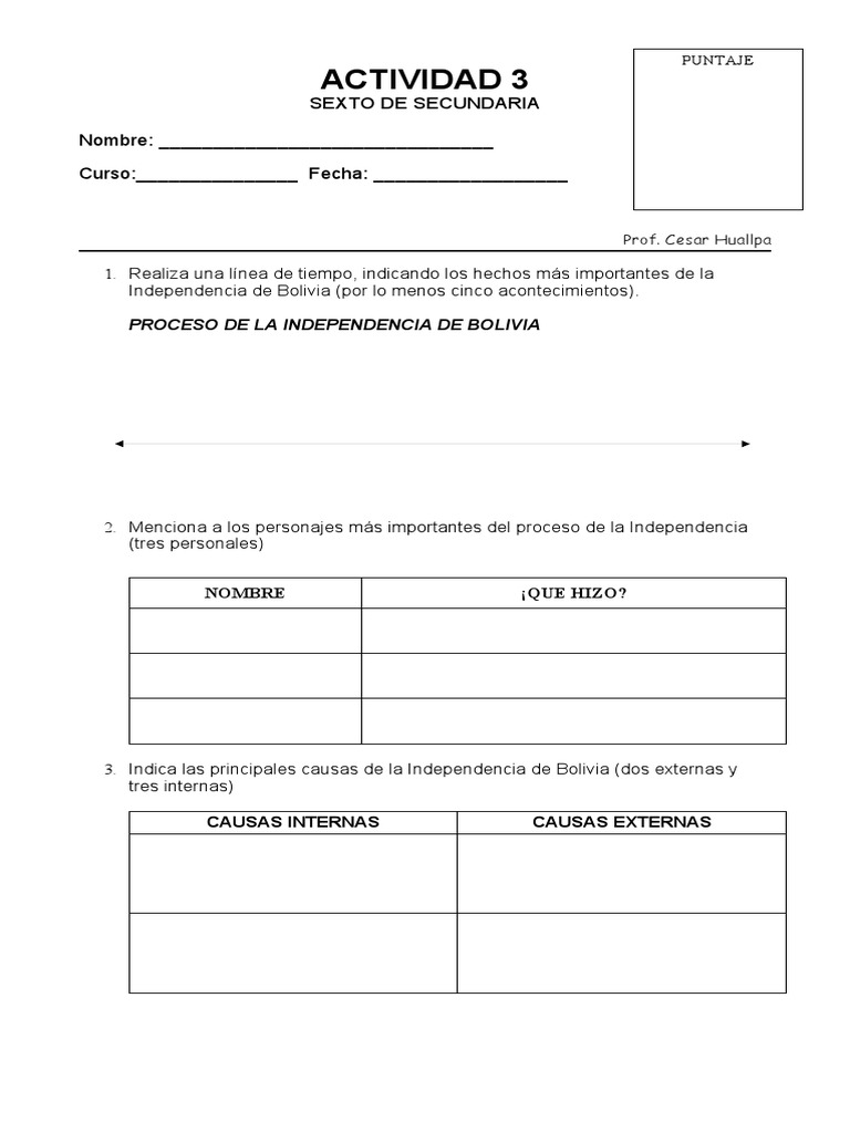 ACTIVIDAD 3 6TO. Independencia de Bolivia | PDF