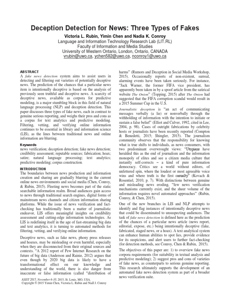 Deception Detection For News Three Types of Fakes | PDF | News | Journalism