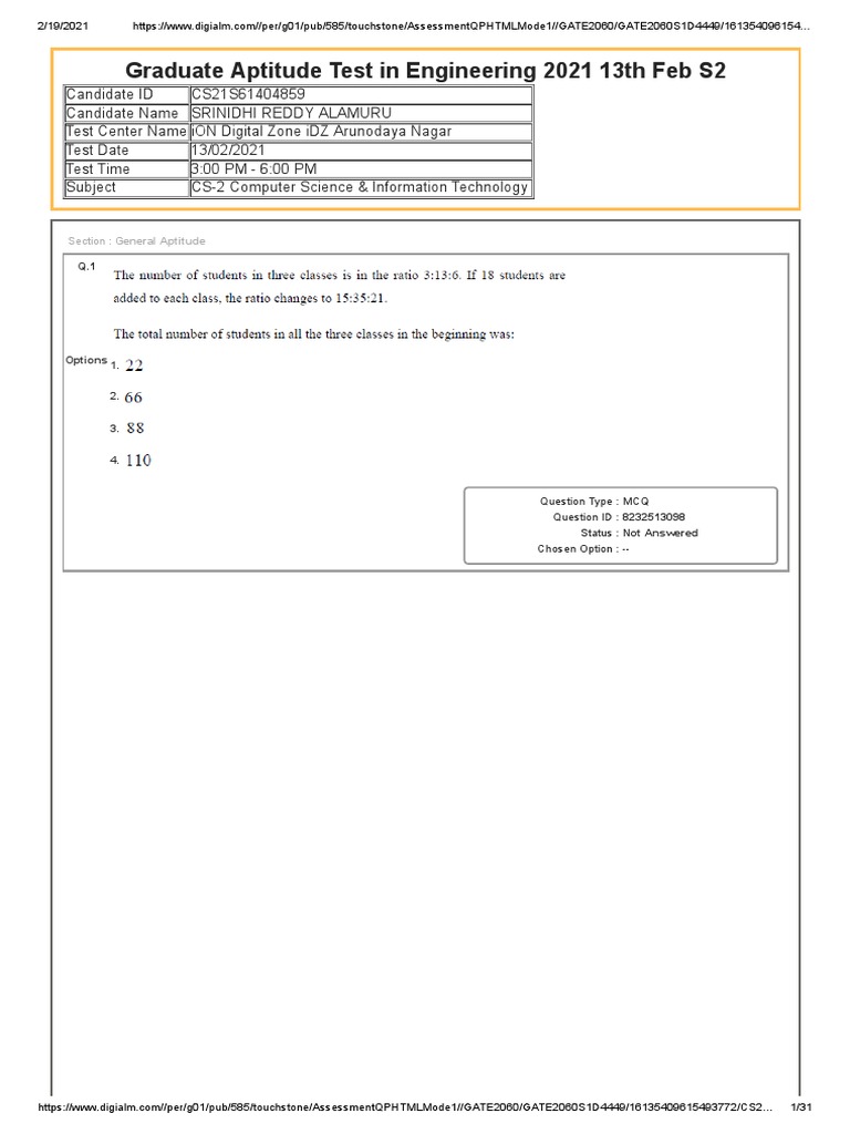 Graduate Aptitude Test in Engineering 2021 13th Feb S2 | PDF | Science ...