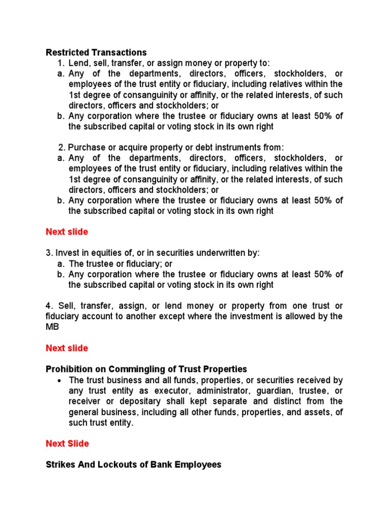 Restricted Transactions: Next Slide | PDF | Banks | Trust Law