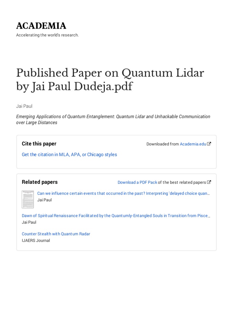 Published Paper On Quantum Lidar by Jai Paul Dudeja PDF | PDF | Quantum ...