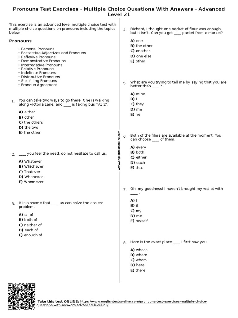 520 - Pronouns Test Exercises Multiple Choice Questions With Answers ...