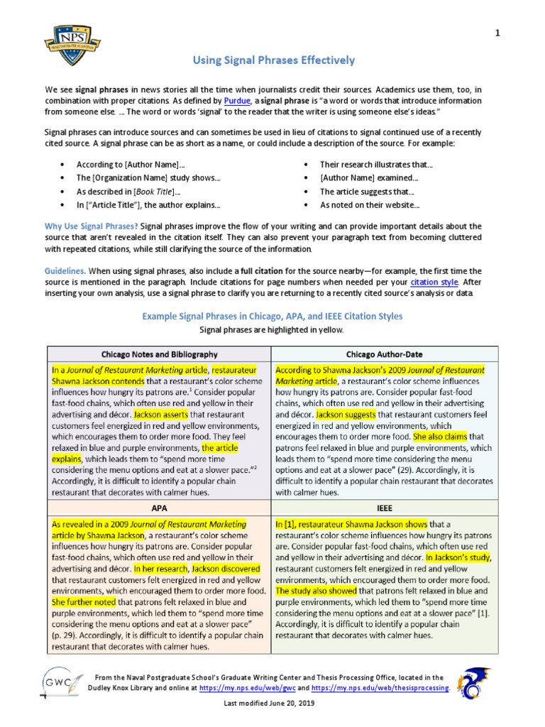 Using Signal Phrases Effectively | PDF | Citation | Phrase