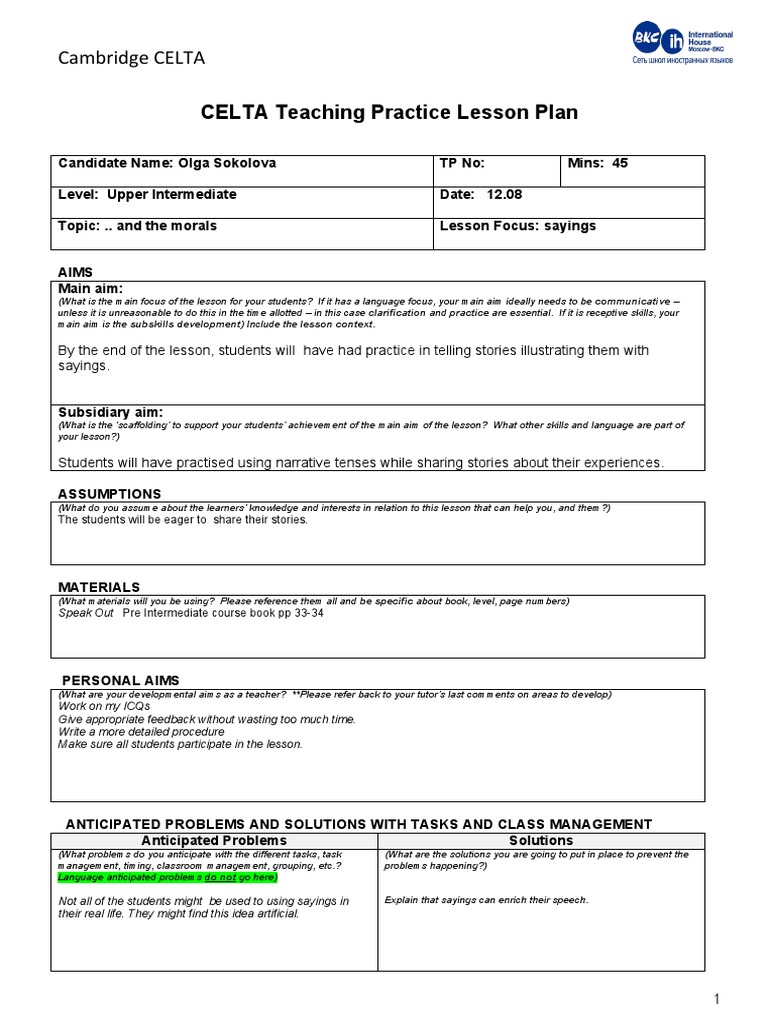 CELTA Teaching Practice Lesson Plan | PDF | Learning | Neuropsychological Assessment