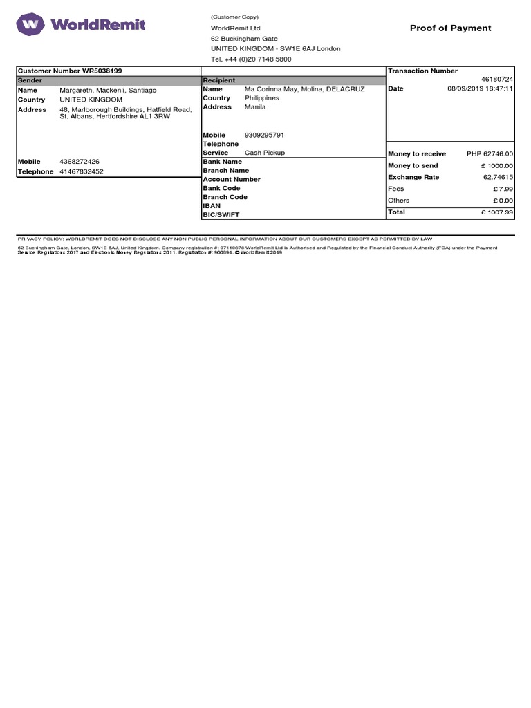 Proof of Payment: (Customer Copy) | PDF | Banking | Financial Services