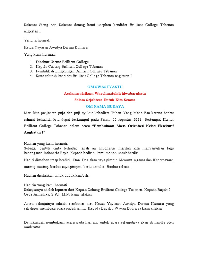 Pembukaan Masa Orientasi Kelas Eksekutif Angkatan I Brilliant College ...