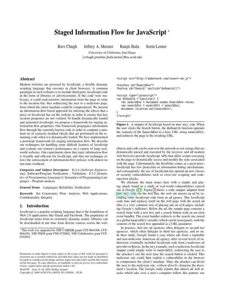 Staged Information Flow For Javascript: Ravi Chugh Jeffrey A. Meister ...